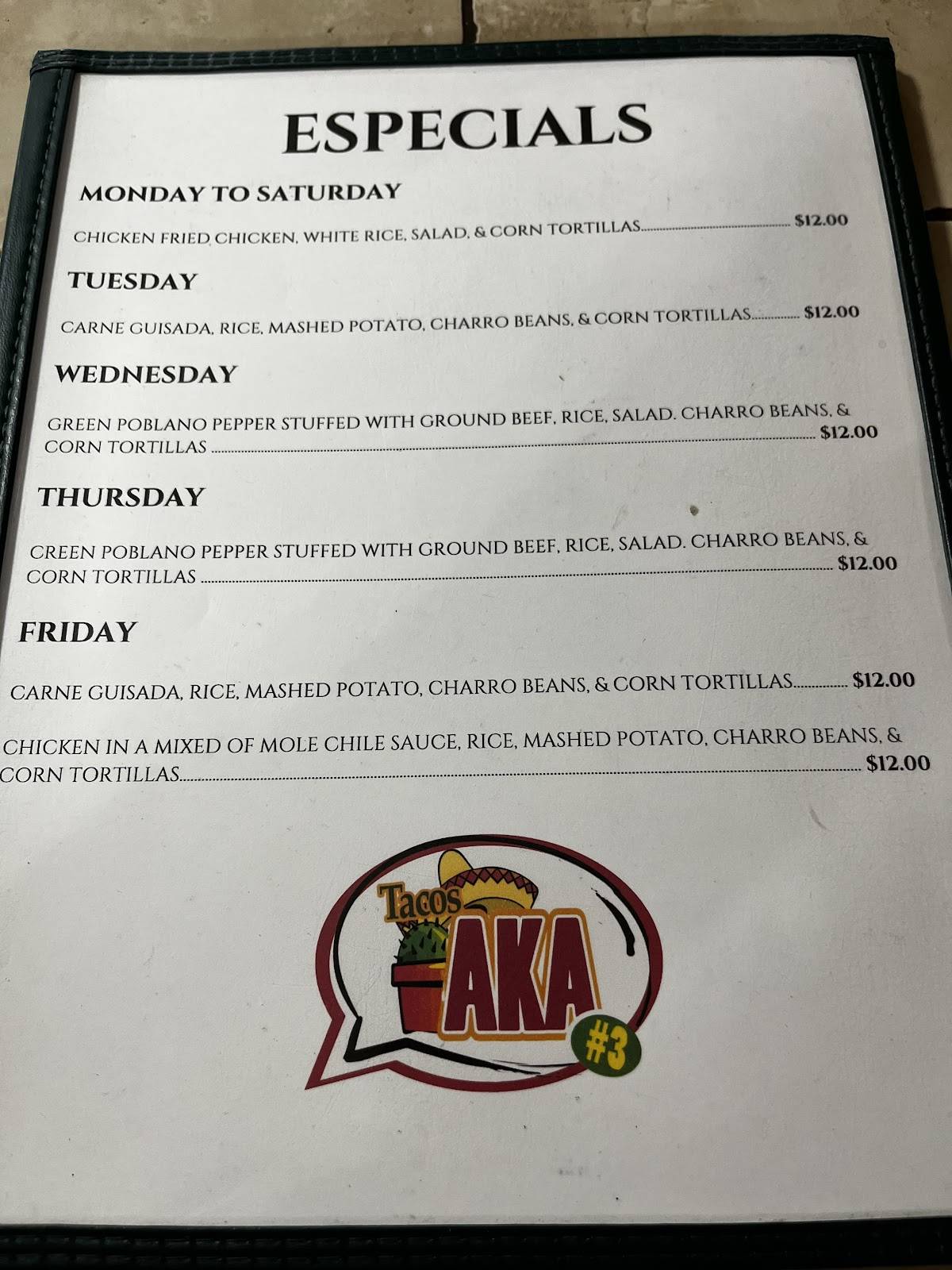Menu at Tacos AKA #3 restaurant, Alto Bonito