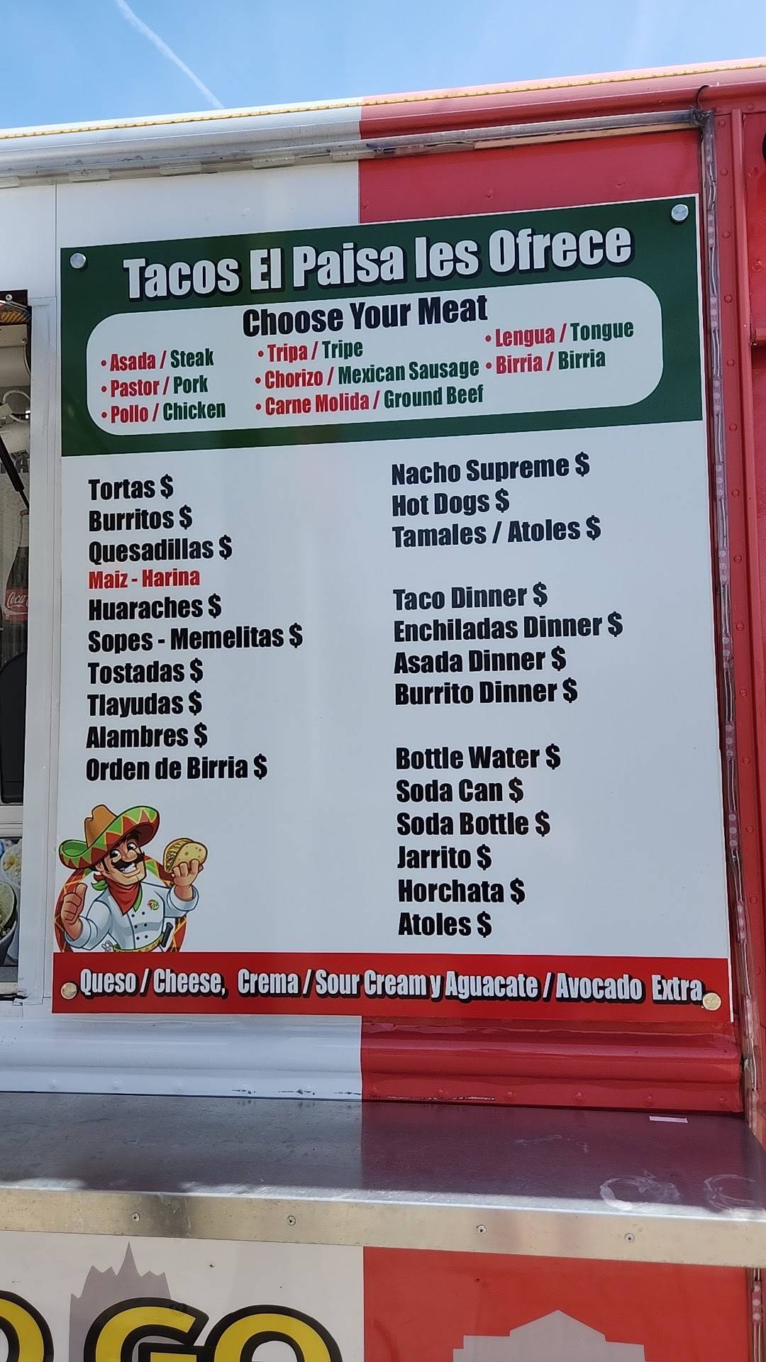 Menu at Tacos el Paisa restaurant, Milwaukee
