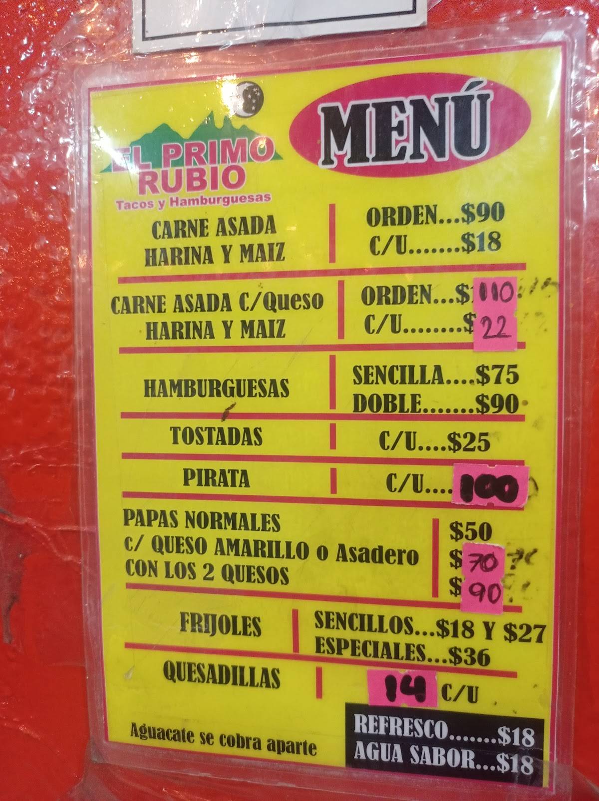 Carta del restaurante Tacos El Primo Rubio 2, Guadalupe