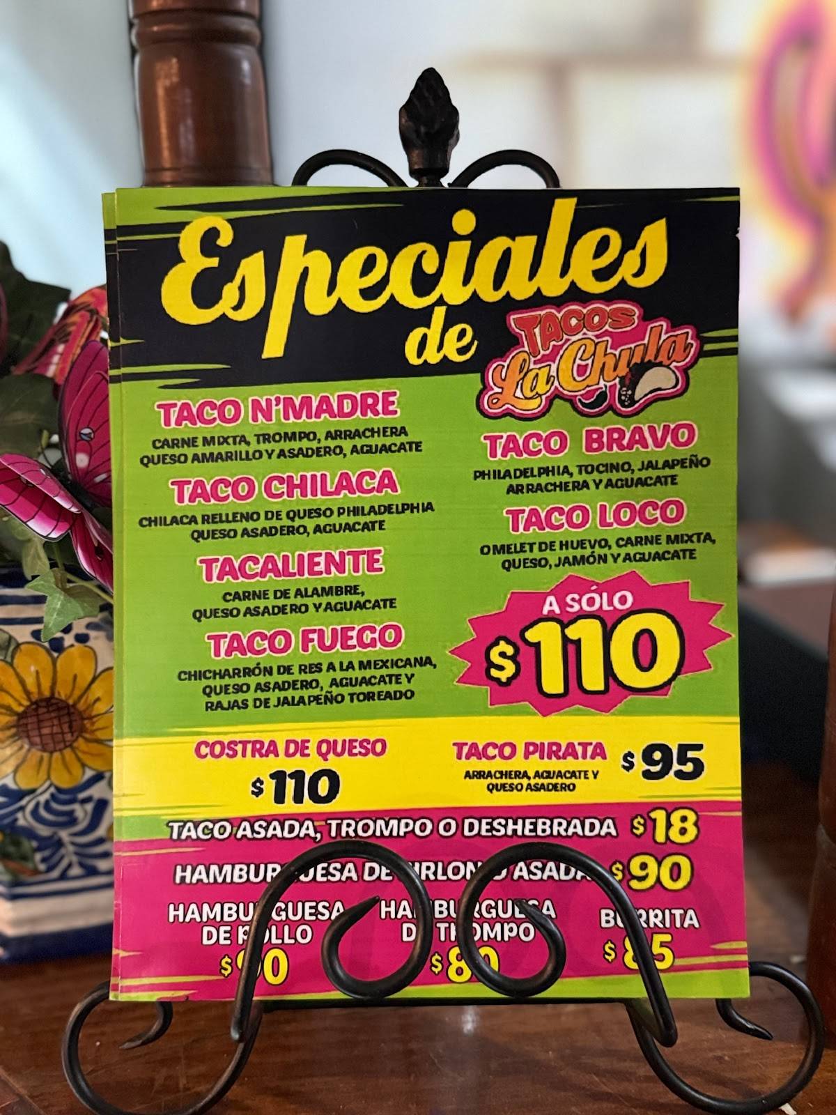 Menu at Tacos La Chula restaurant, Monclova