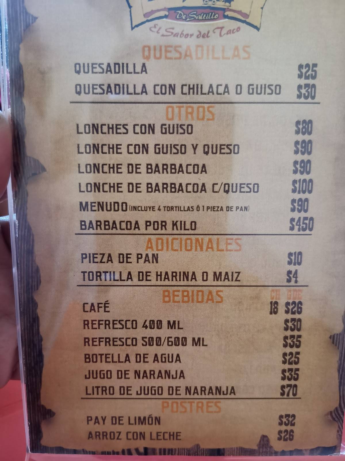 Carta del restaurante Tacos Los Pioneros, (Acueducto), Saltillo, C ...