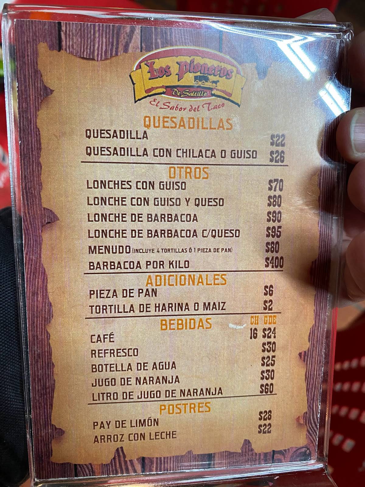 Carta del restaurante Tacos Los Pioneros, Saltillo, Blvd. Moctezuma 2065