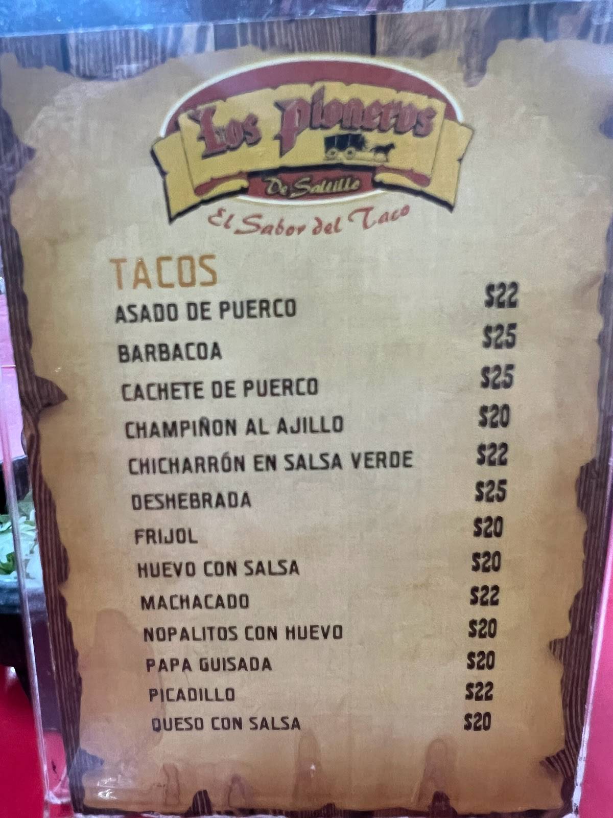 Carta del restaurante Tacos Los Pioneros, Saltillo, Blvd. Moctezuma 2065