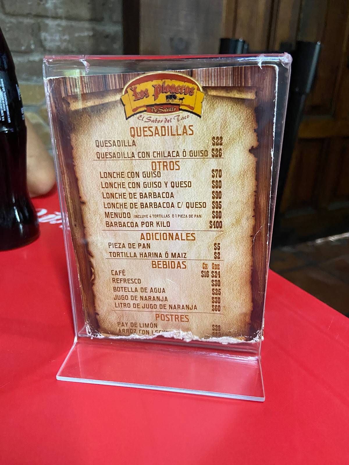 Carta del restaurante Tacos Los Pioneros, Saltillo, Blvd. Moctezuma 2065
