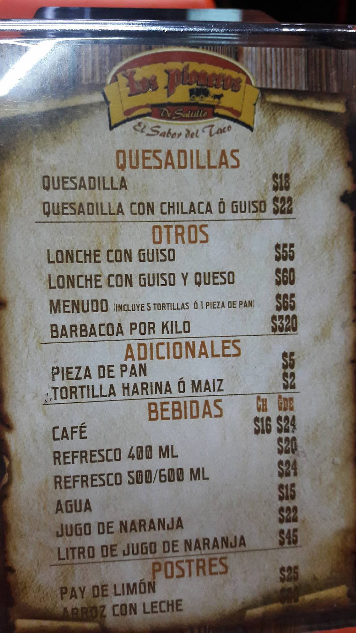 Carta del restaurante Tacos Los Pioneros, Saltillo, Blvd. Moctezuma 2065