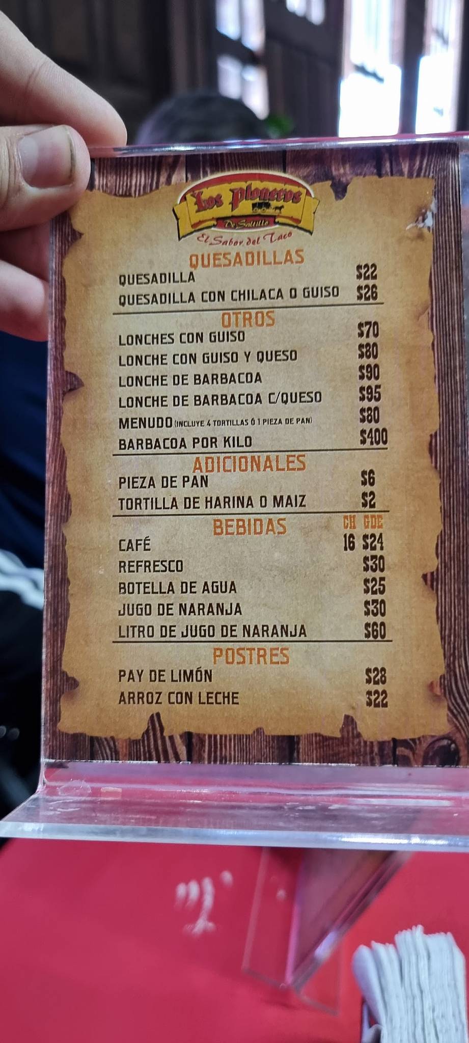 Carta del restaurante Tacos Los Pioneros, Saltillo, Blvd. Moctezuma 2065