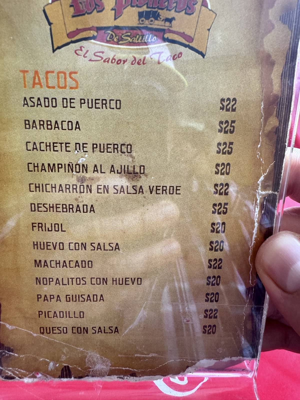 Carta del restaurante Tacos Los Pioneros, Saltillo, Blvd. Moctezuma 2065