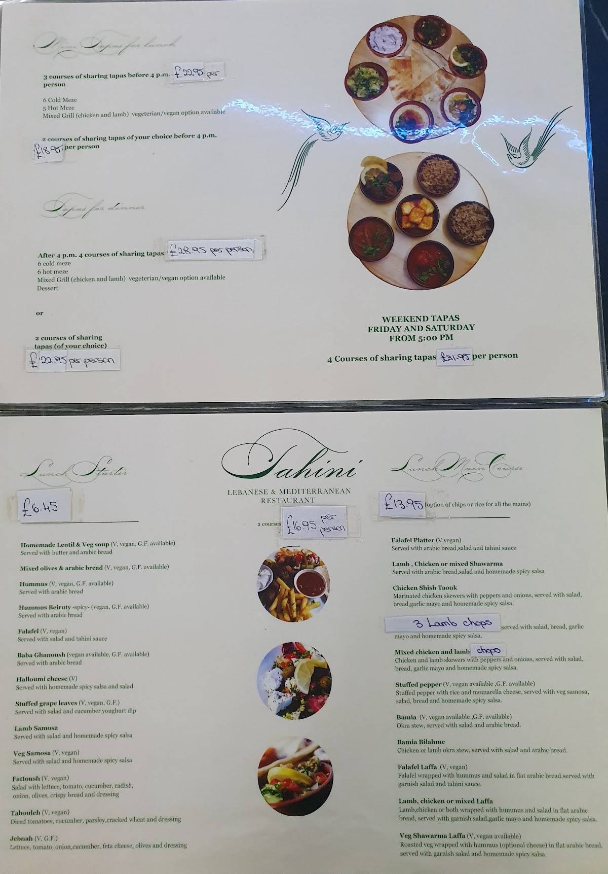 Menu at Tahini restaurant, Dundee