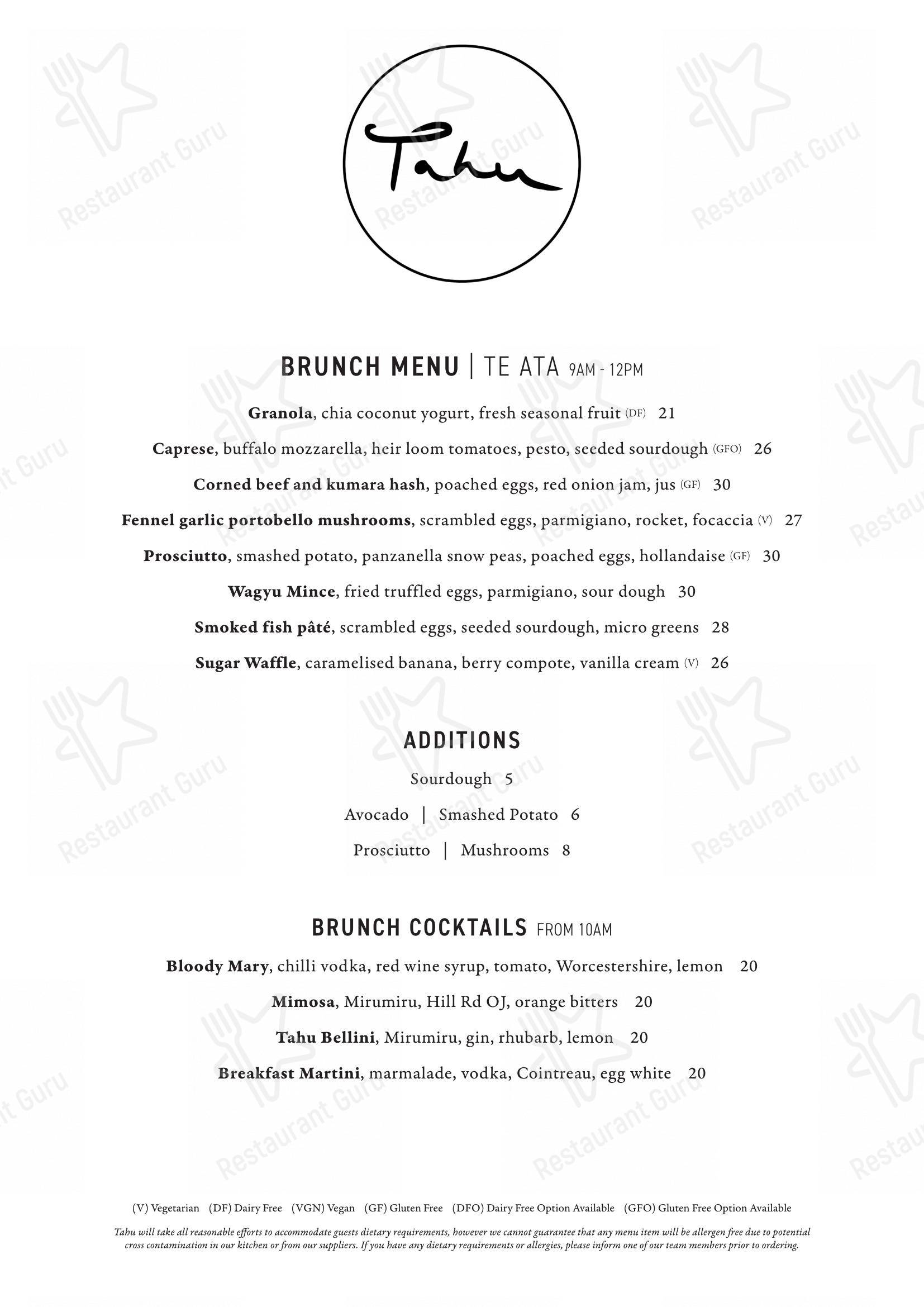 Menu at Tahu restaurant, Gisborne
