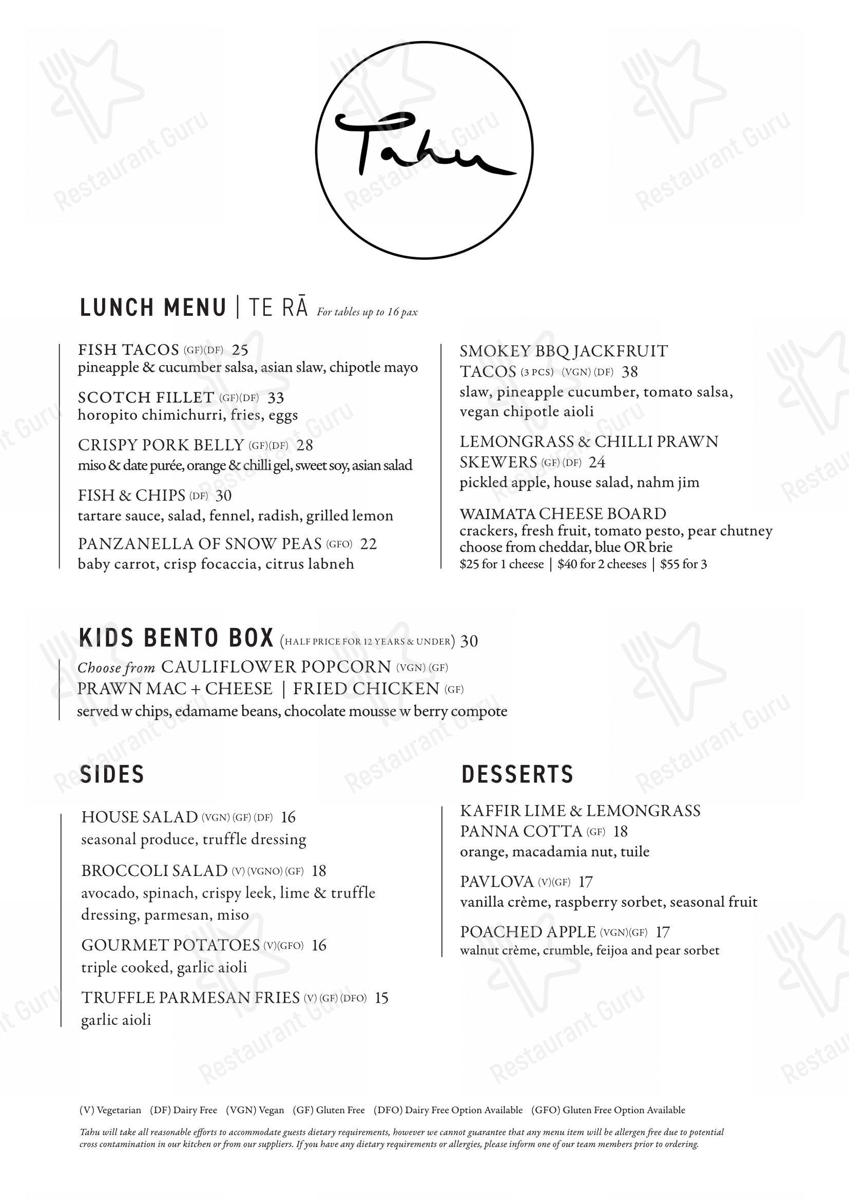 Menu at Tahu restaurant, Gisborne
