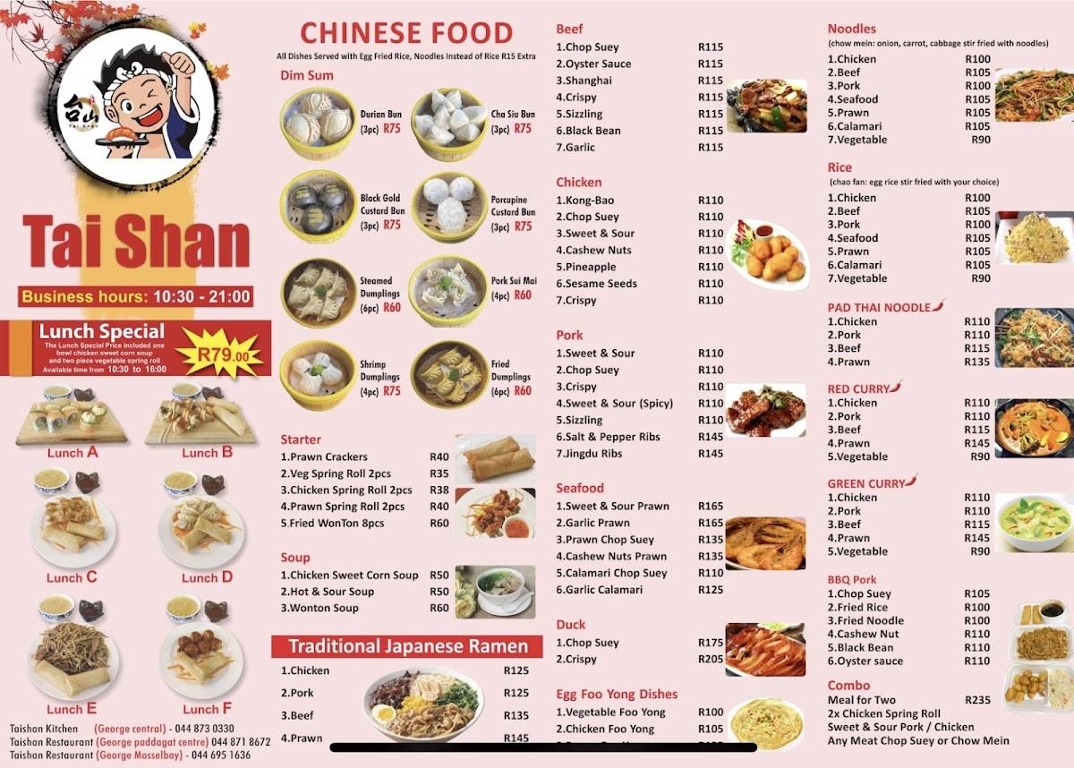Menu at Tai Shan restaurant (Mossel Bay), Mossel Bay