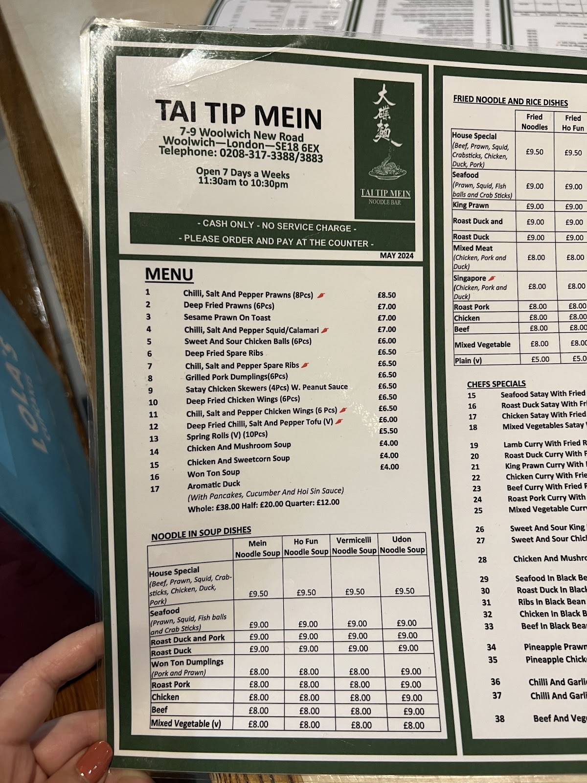 Menu at Tai Tip Mein London restaurant, London, 7-9 Woolwich New Rd