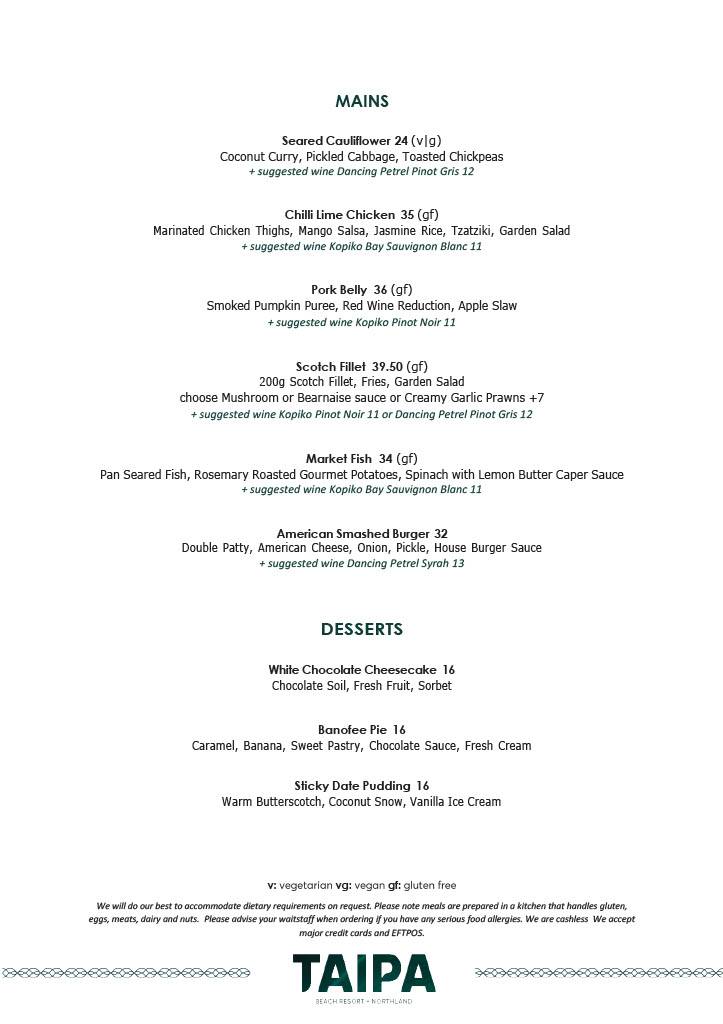 Menu at Taipa Beach Resort Restaurant, Taipa
