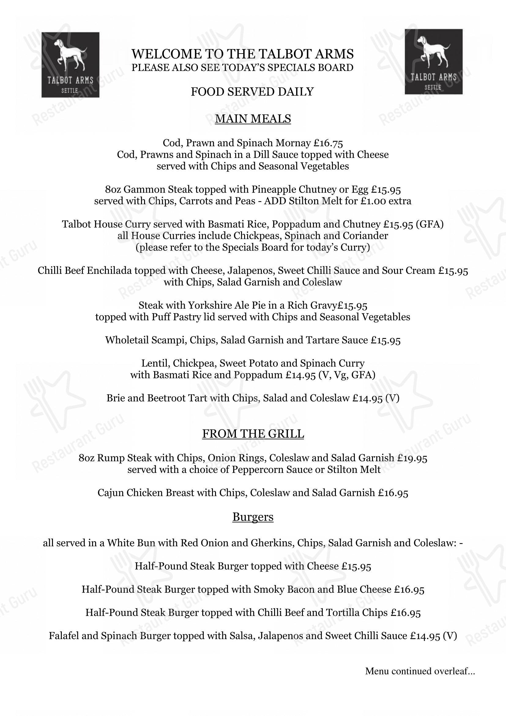 Menu at Talbot Arms pub & bar, Settle