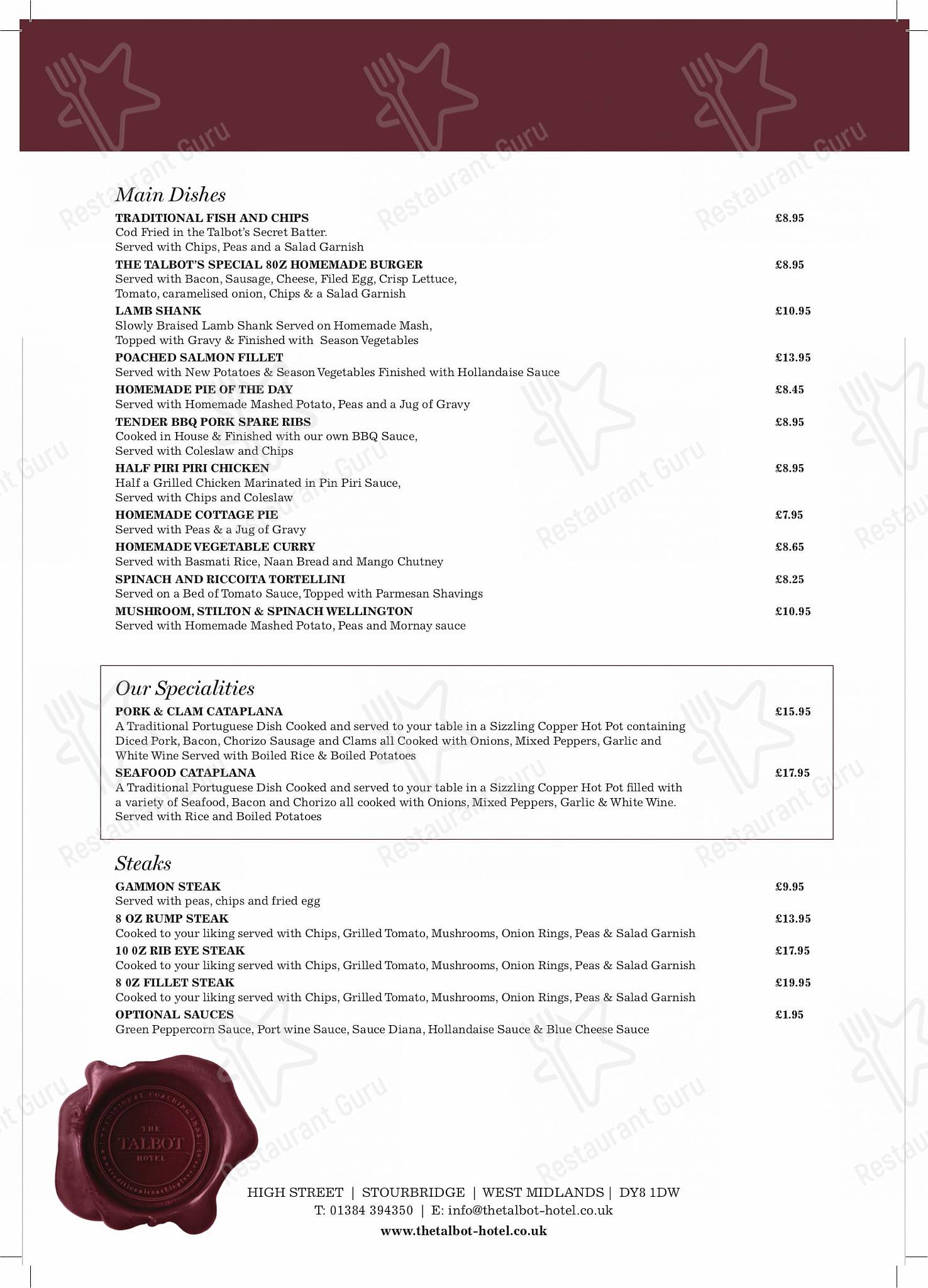 Menu at The Talbot Hotel pub & bar, Stourbridge
