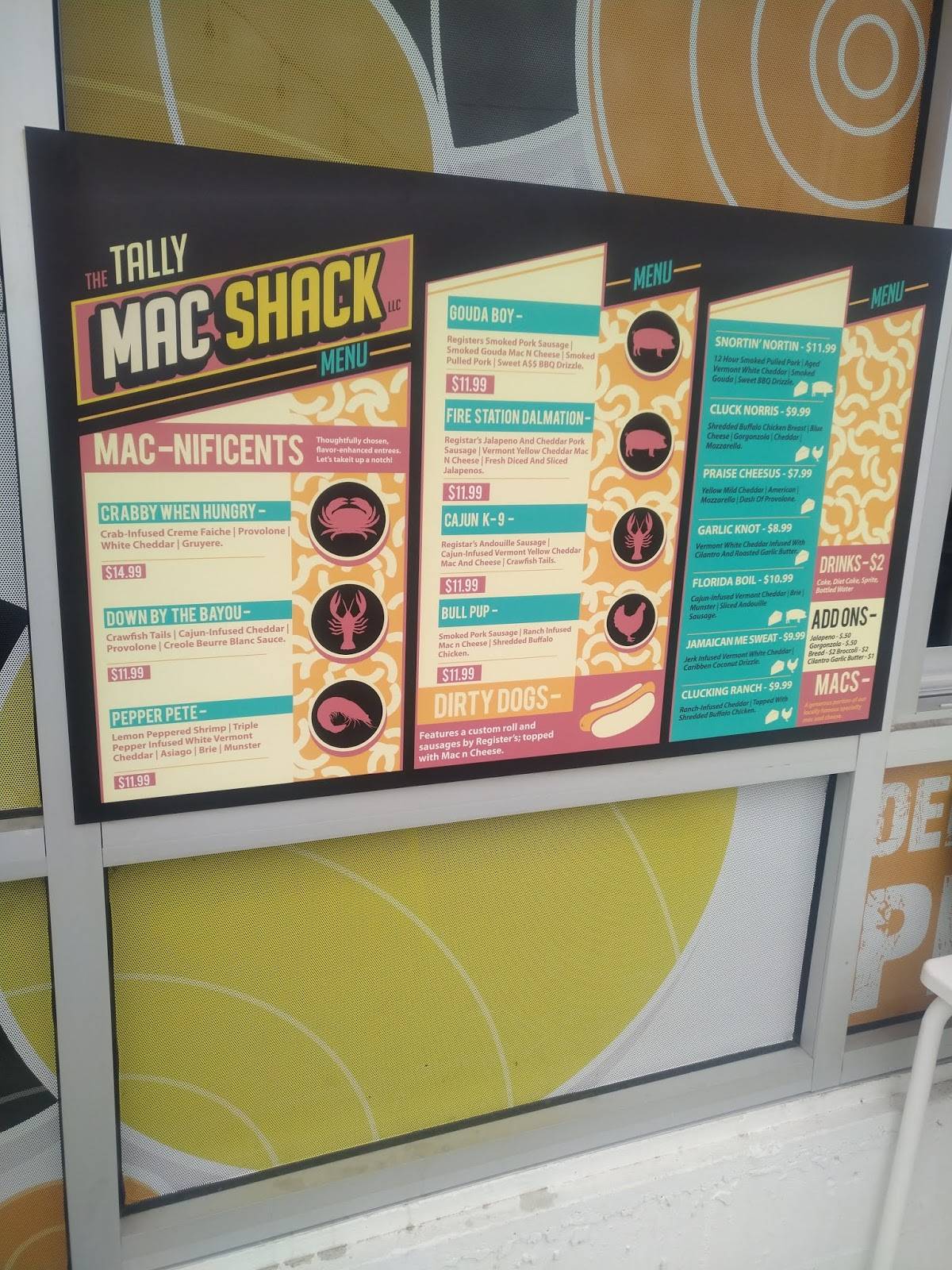 Menu at Tally Mac Shack at 1851 restaurant, Tallahassee, 824 W Jefferson St
