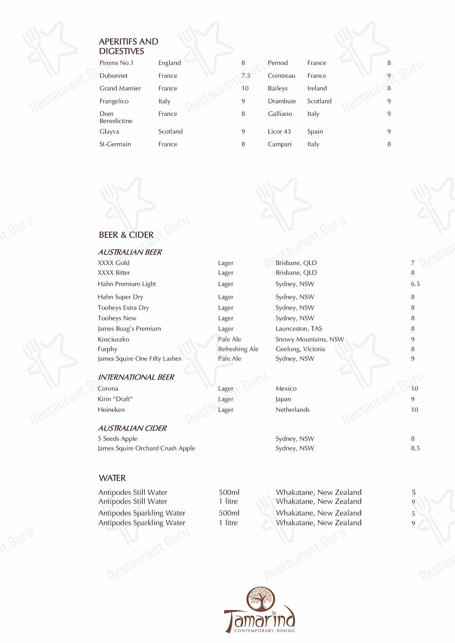 Menu at Tamarind Restaurant, Cairns City