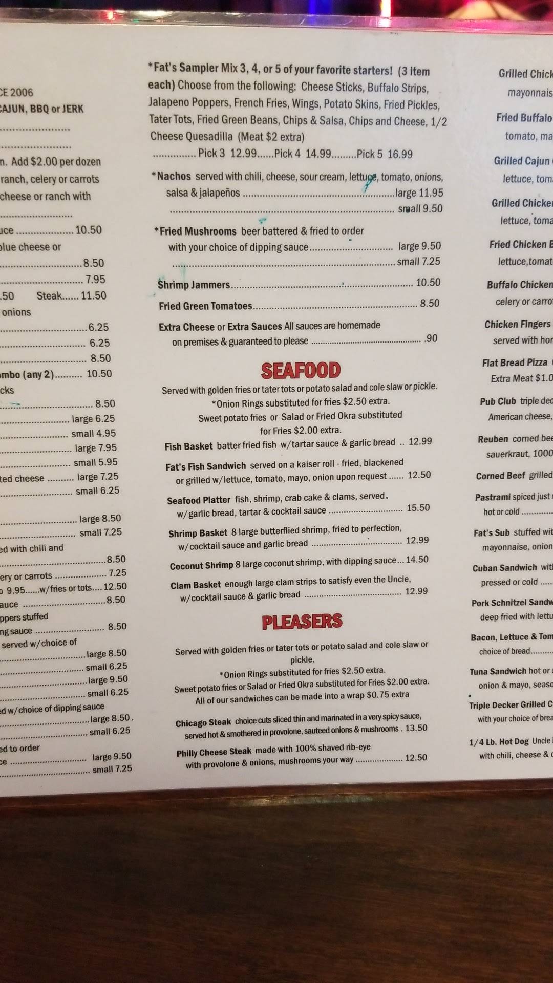 Menu at Uncle Fats Tavern pub & bar, Temple Terrace