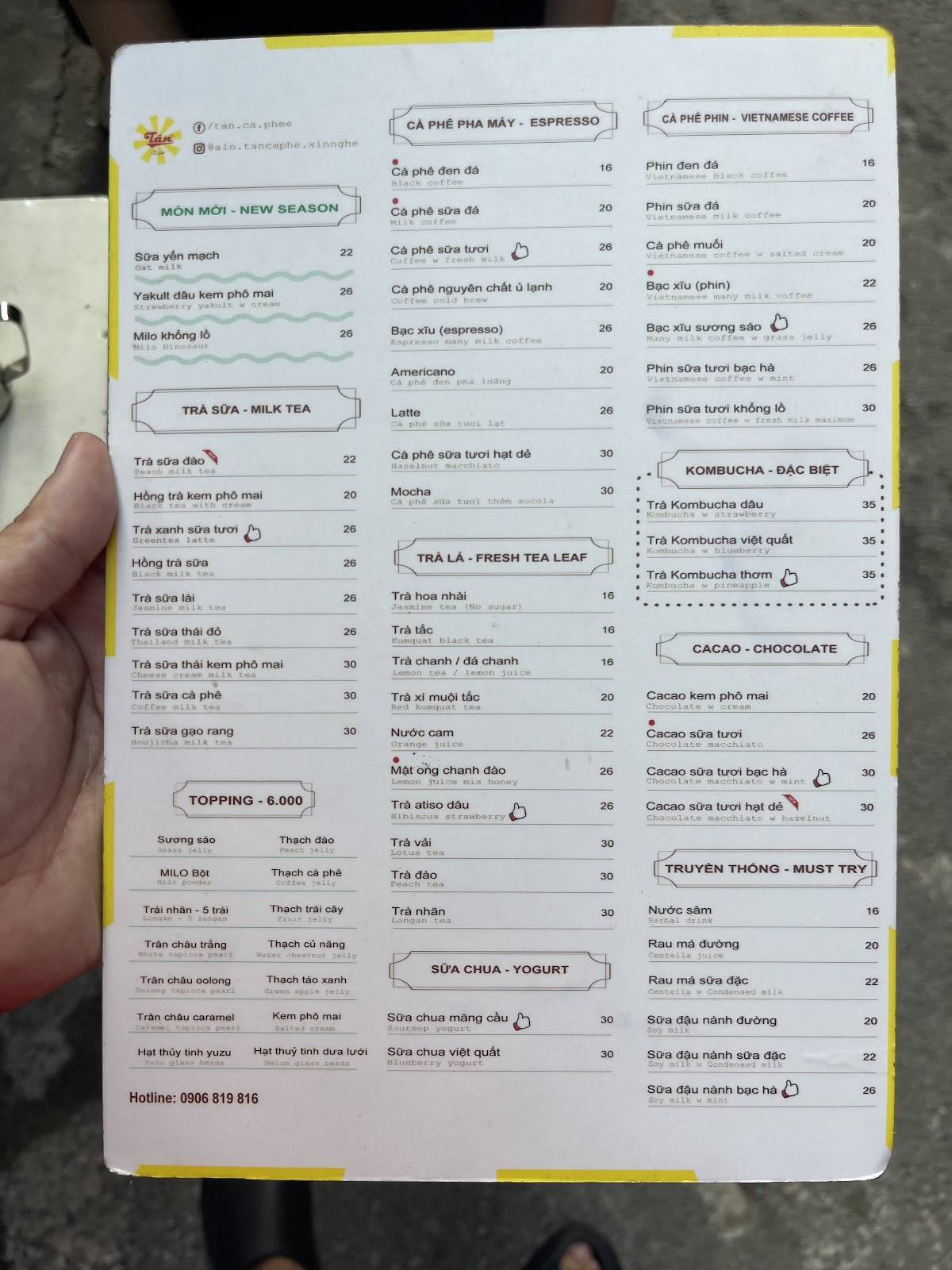 Menu at Tân Cà Phê - Lê Thánh Tôn cafe, Ho Chi Minh City, CJ Building