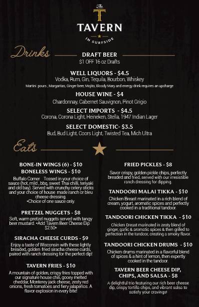 Menu at Tavern In Surfside pub & bar, Myrtle Beach