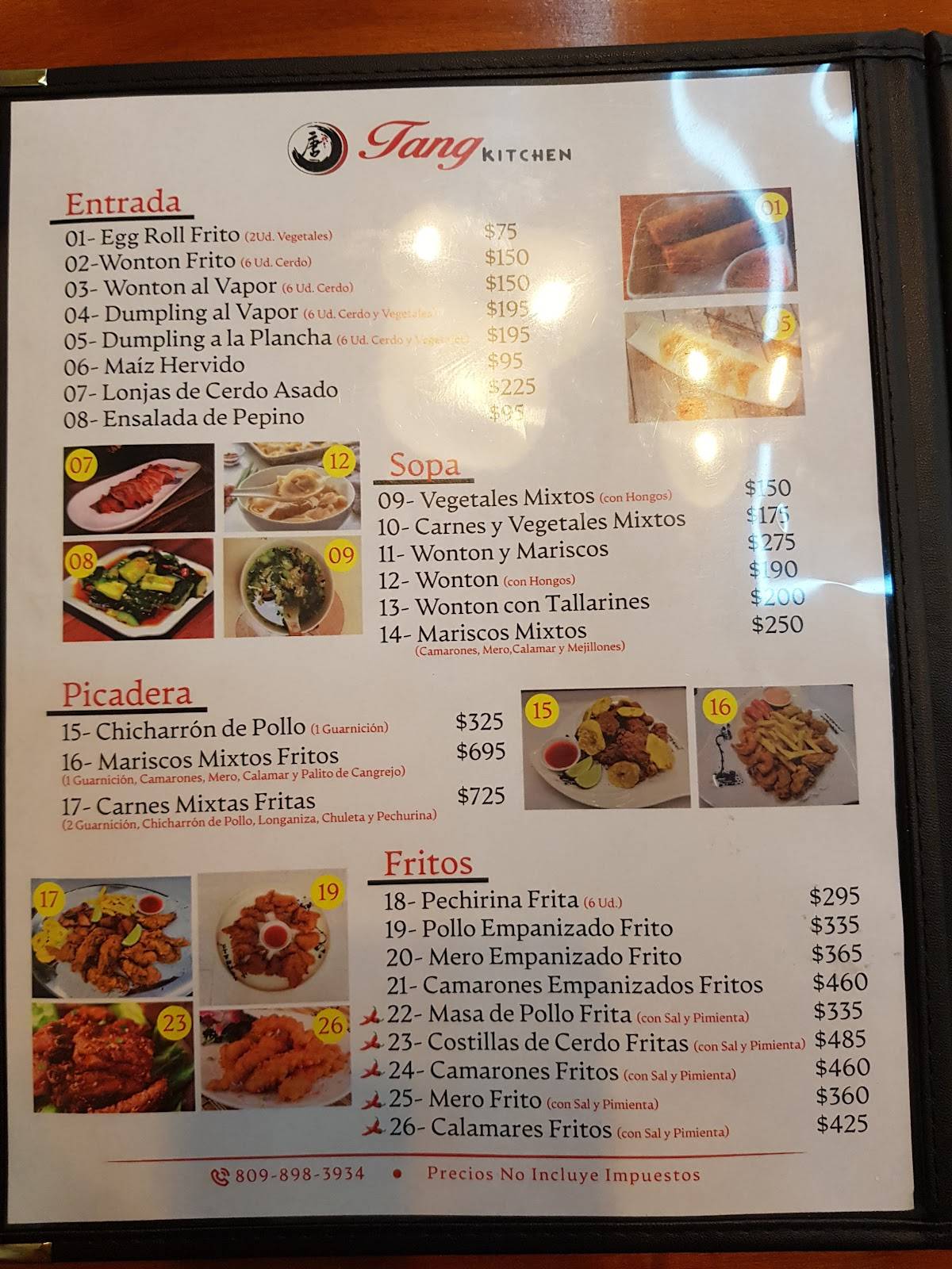 Carta del restaurante Tang kitchen, Santo Domingo