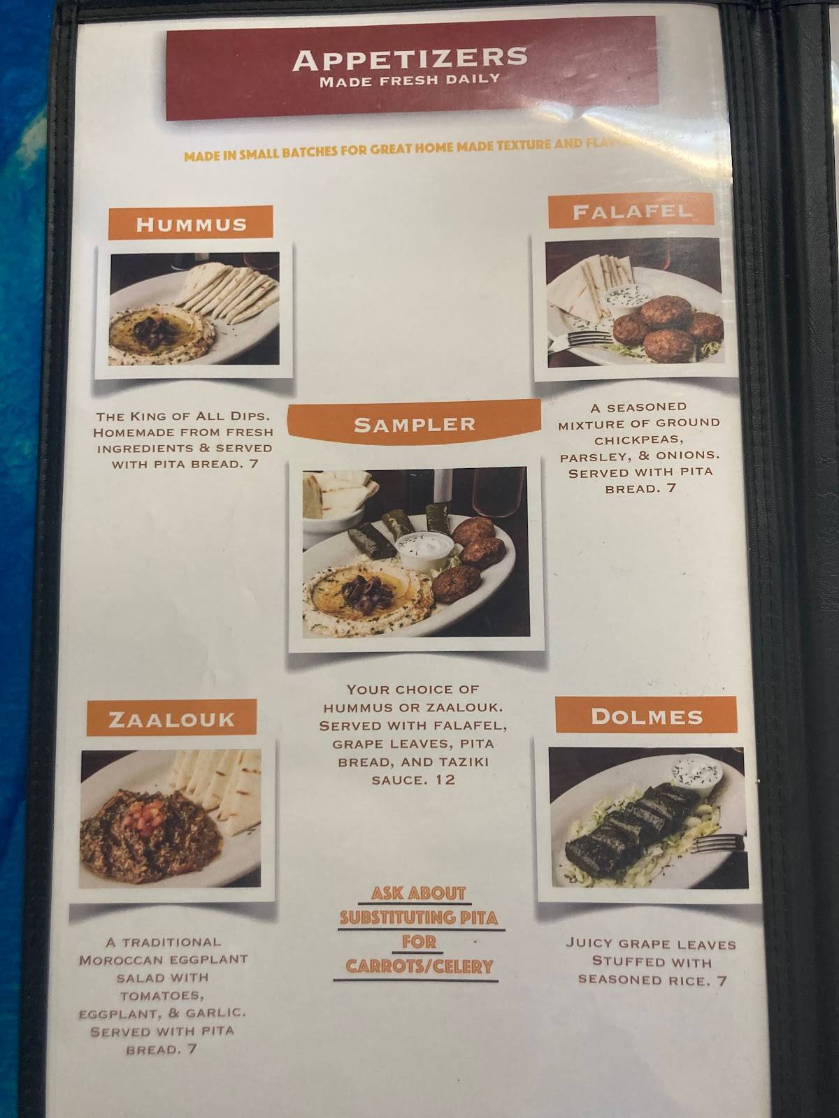 Menu at Tangiers restaurant, Fayetteville
