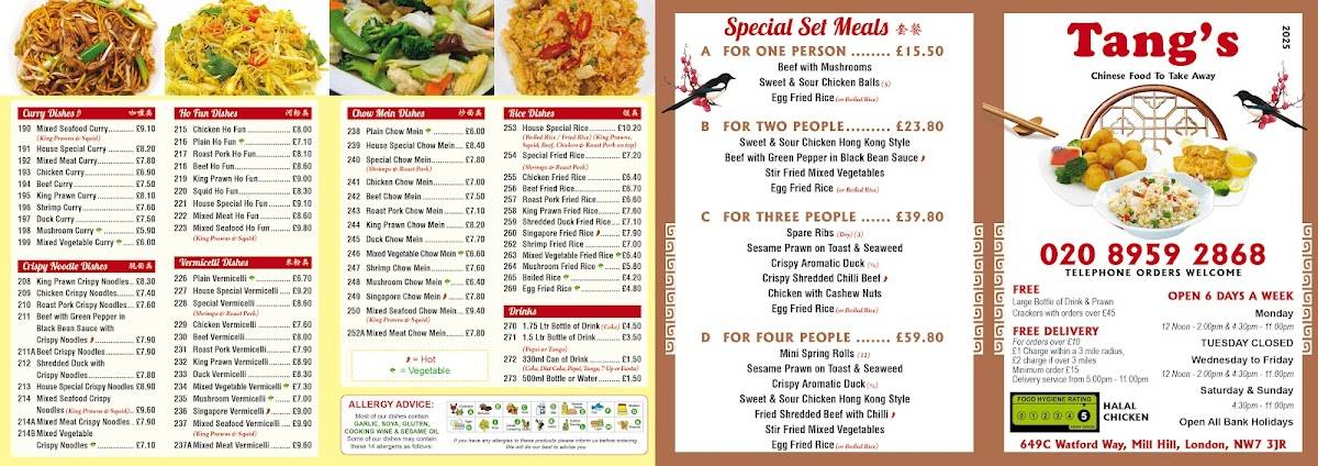 Menu at Tang's Takeaway Mill Hill restaurant, London, 649C Watford Wy