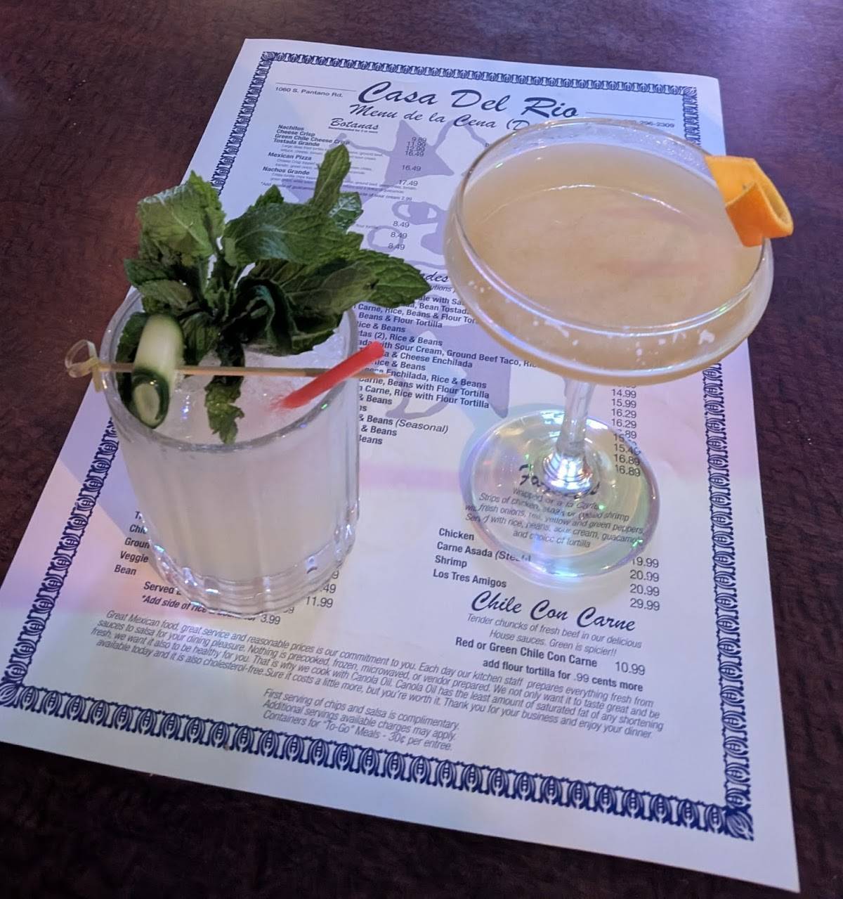 Menu at Casa Del Rio restaurant, Tucson