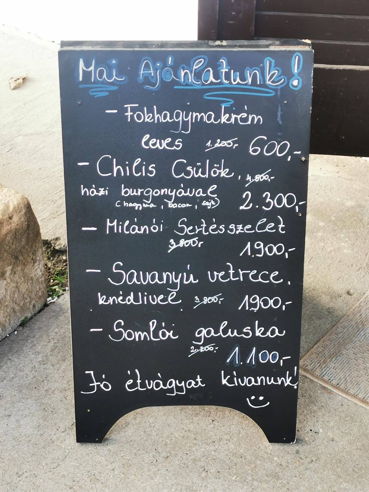 Menu at Tanya Csárda restaurant, Pécsvárad
