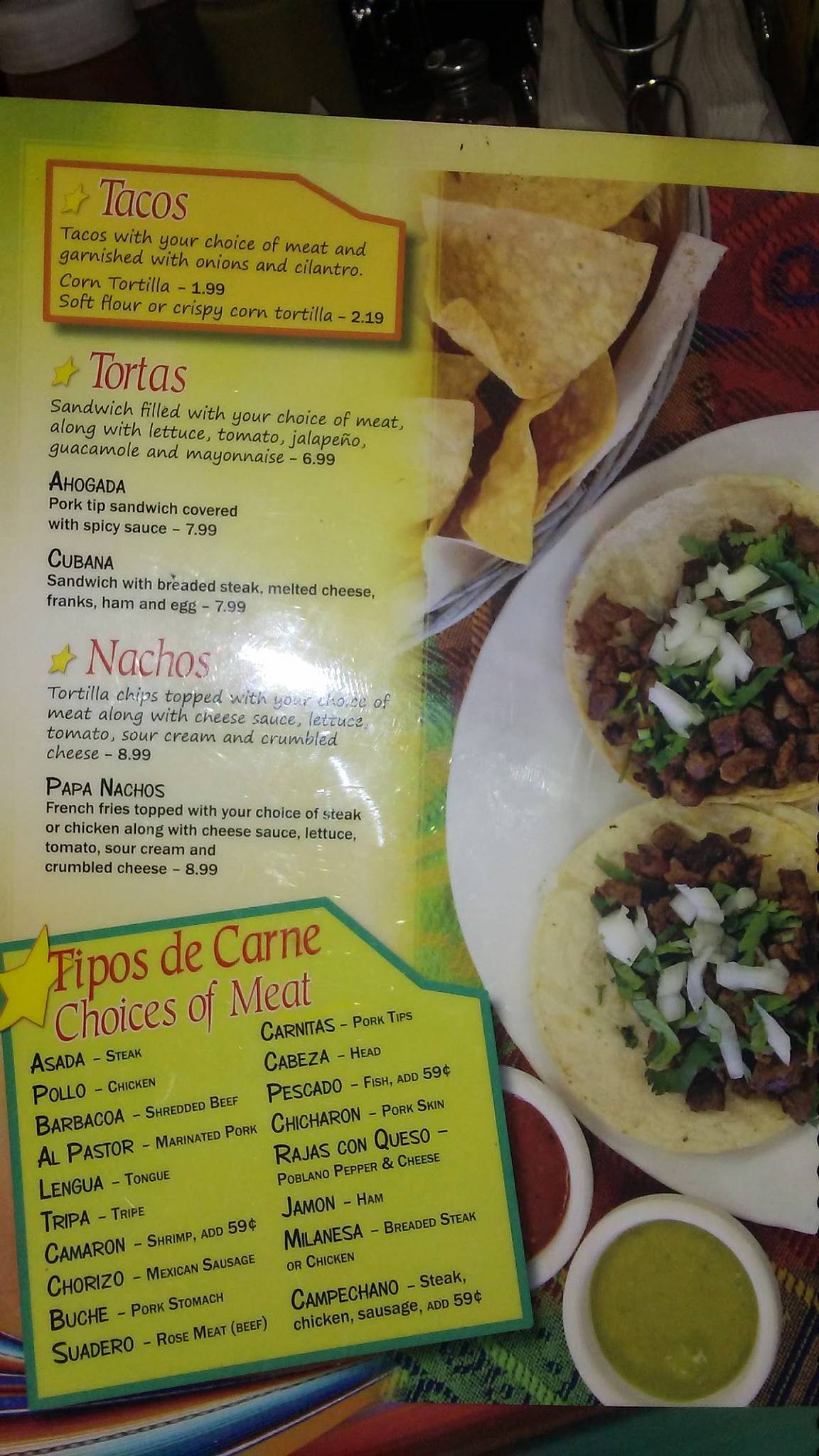 Menu at Taqueria Durango restaurant, Overland