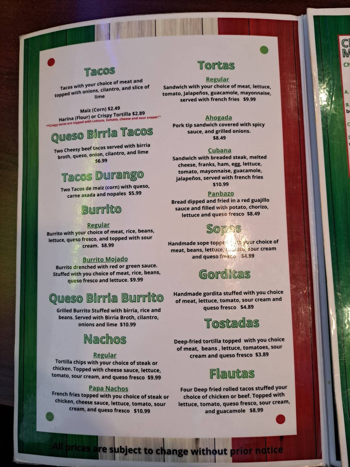 Menu at Taqueria Durango restaurant, Overland