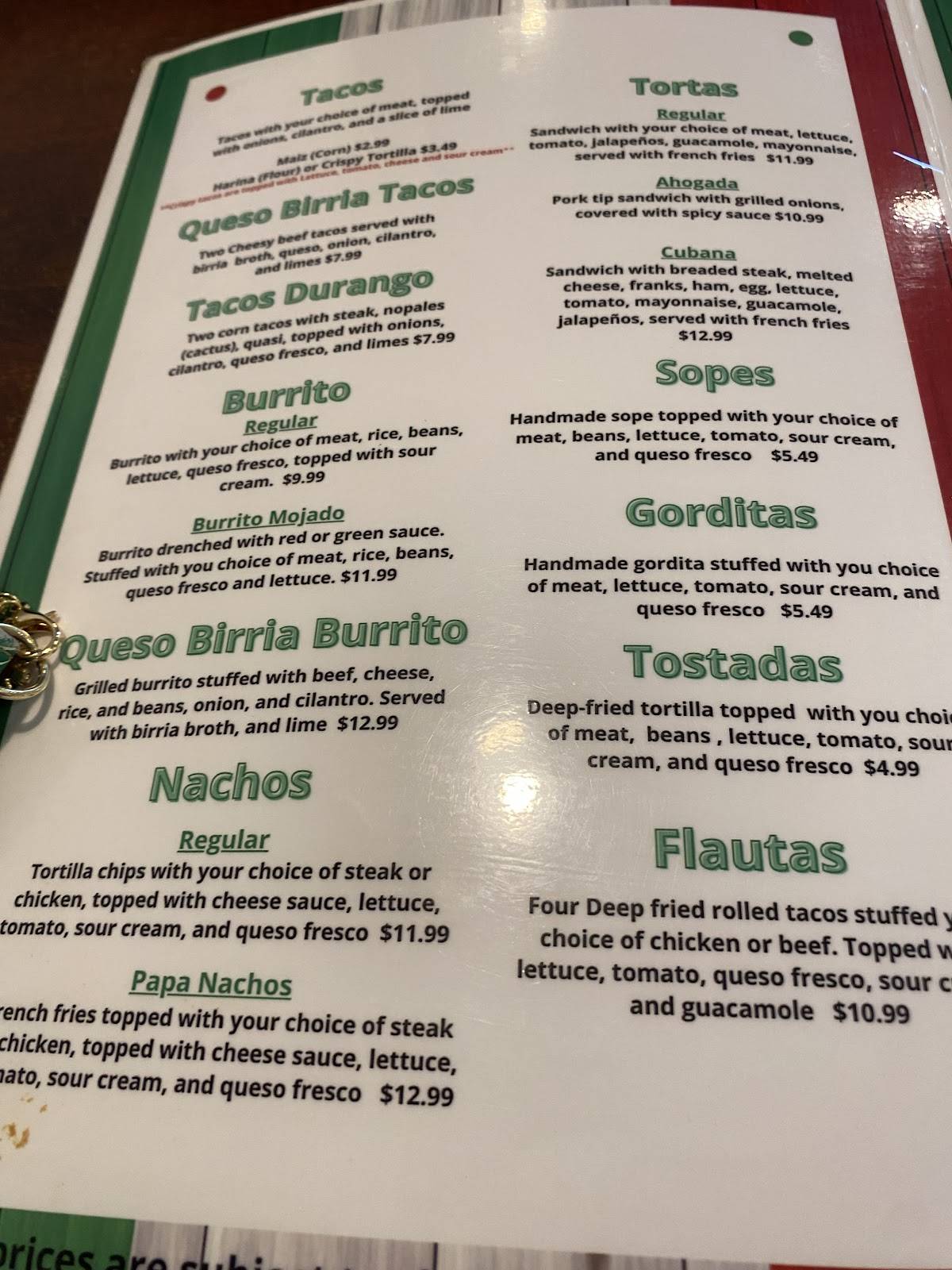 Menu at Taqueria Durango restaurant, St. Louis