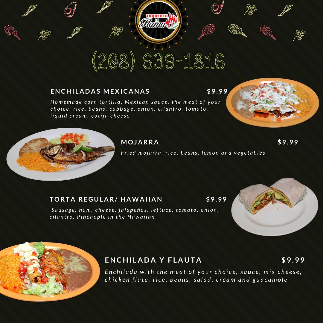 Menu at Taqueria La Flama restaurant, Boise