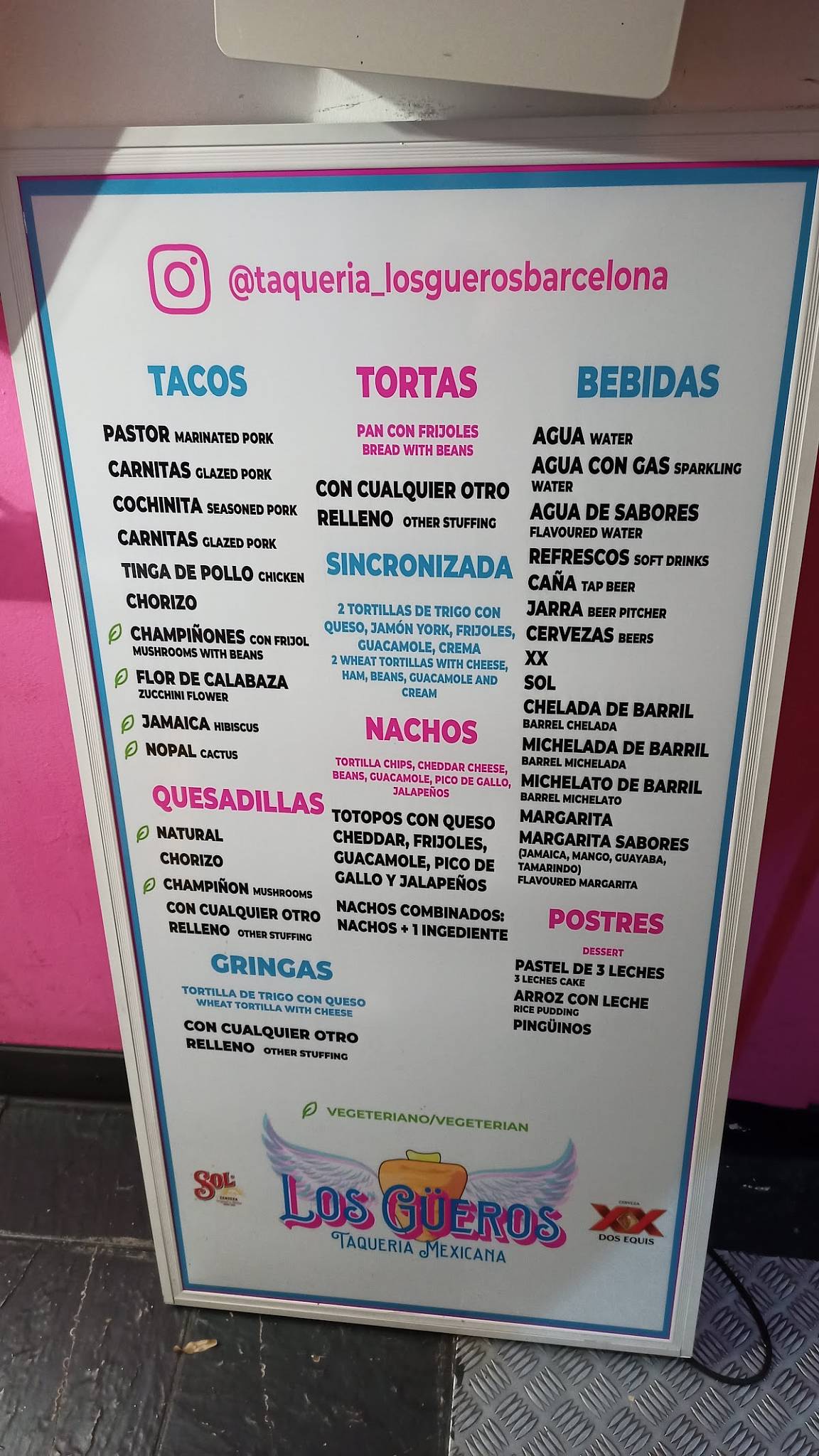 Carta del restaurante Taqueria Los Güeros, Barcelona