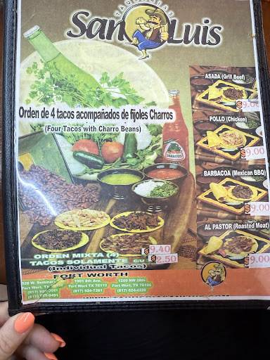 Menu at Taqueria San Luis restaurant, Fort Worth, 8th Ave