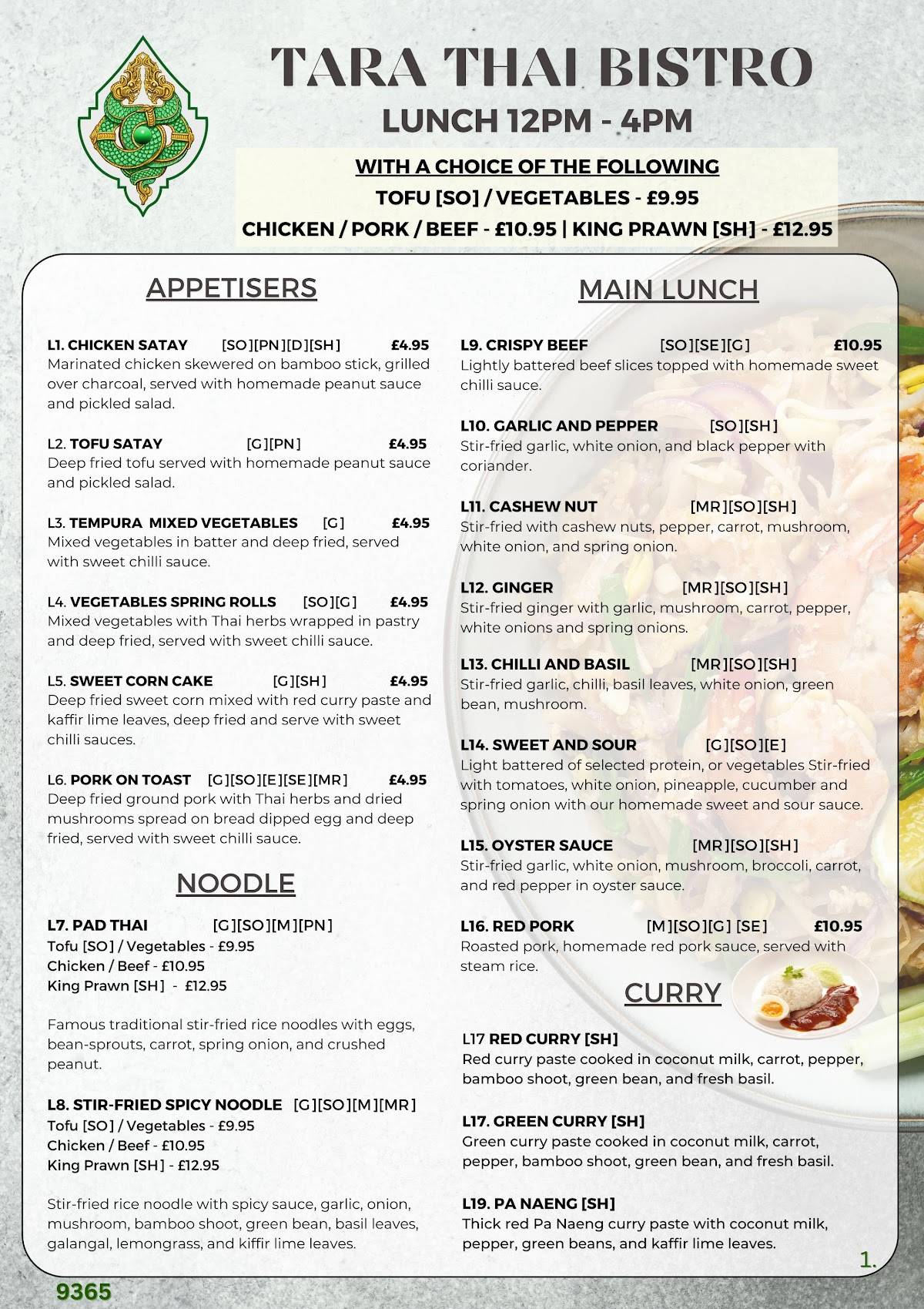 Menu at Tara Thai Bistro restaurant, Norwich