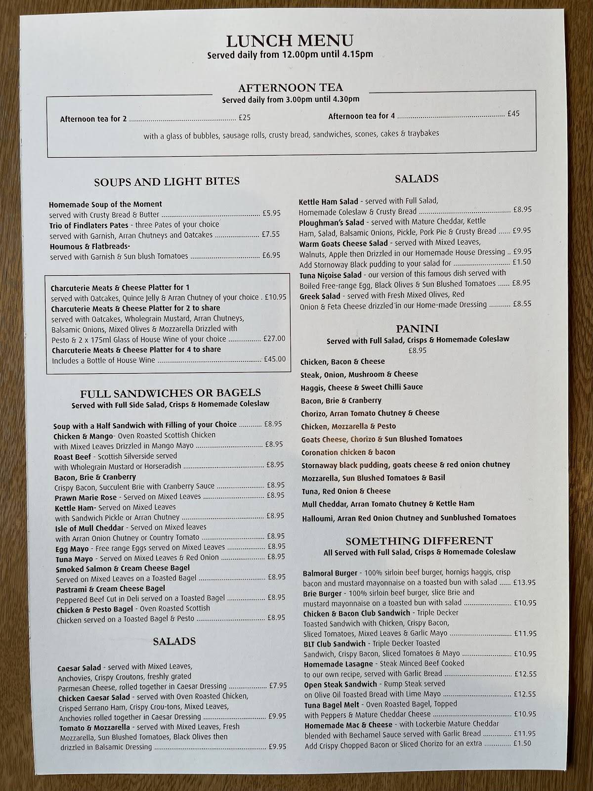 Menu at Taste cafe, Linlithgow