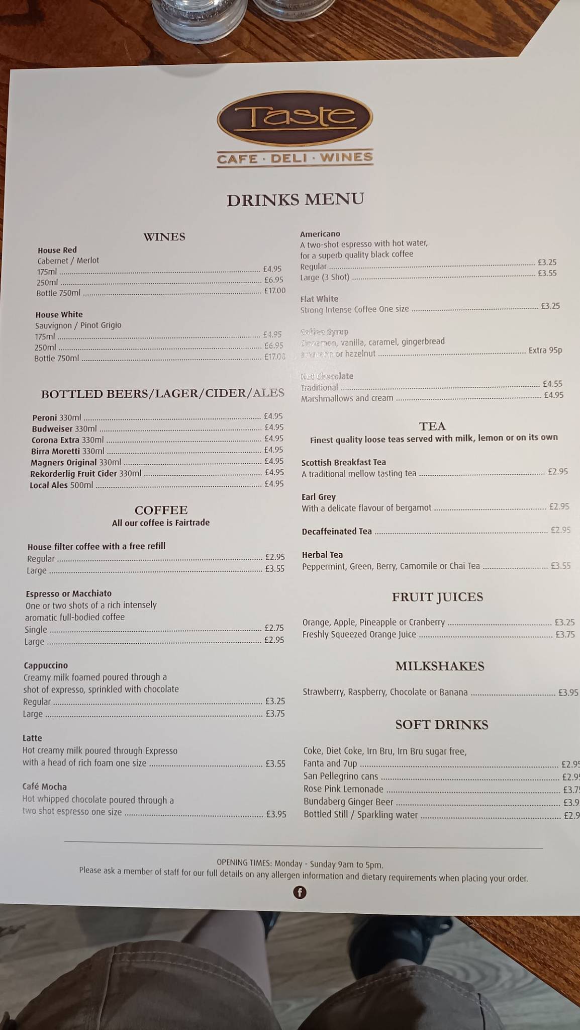 Menu at Taste cafe, Linlithgow