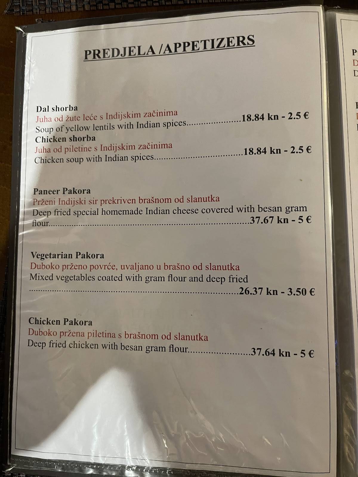 Menu at Taste of India restaurant, Zagreb
