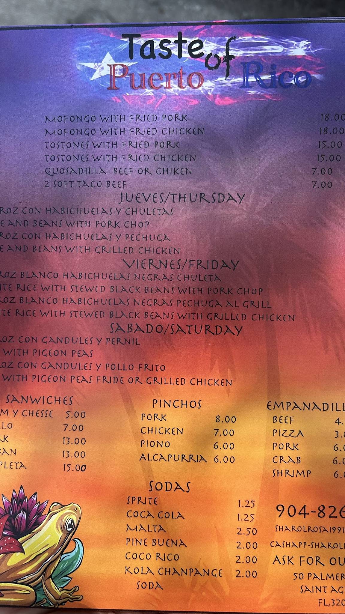 Carta del restaurante Taste of Puerto Rico sazón boricua, San Agustín
