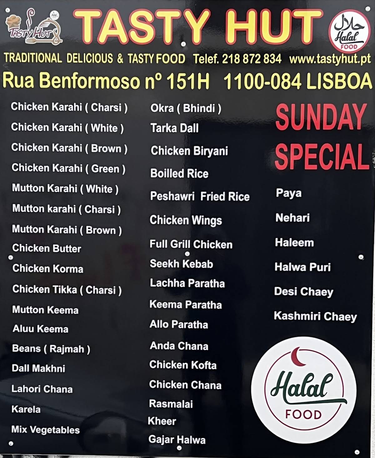 Menu at Tasty Hut Halal food restaurant, Lisbon