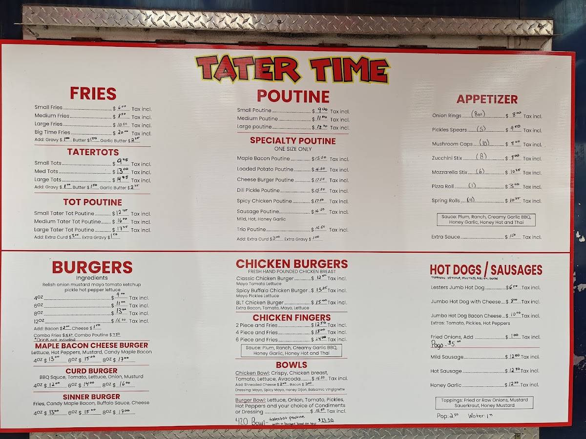 Menu at Tater Time restaurant, Perth, Hwy 7