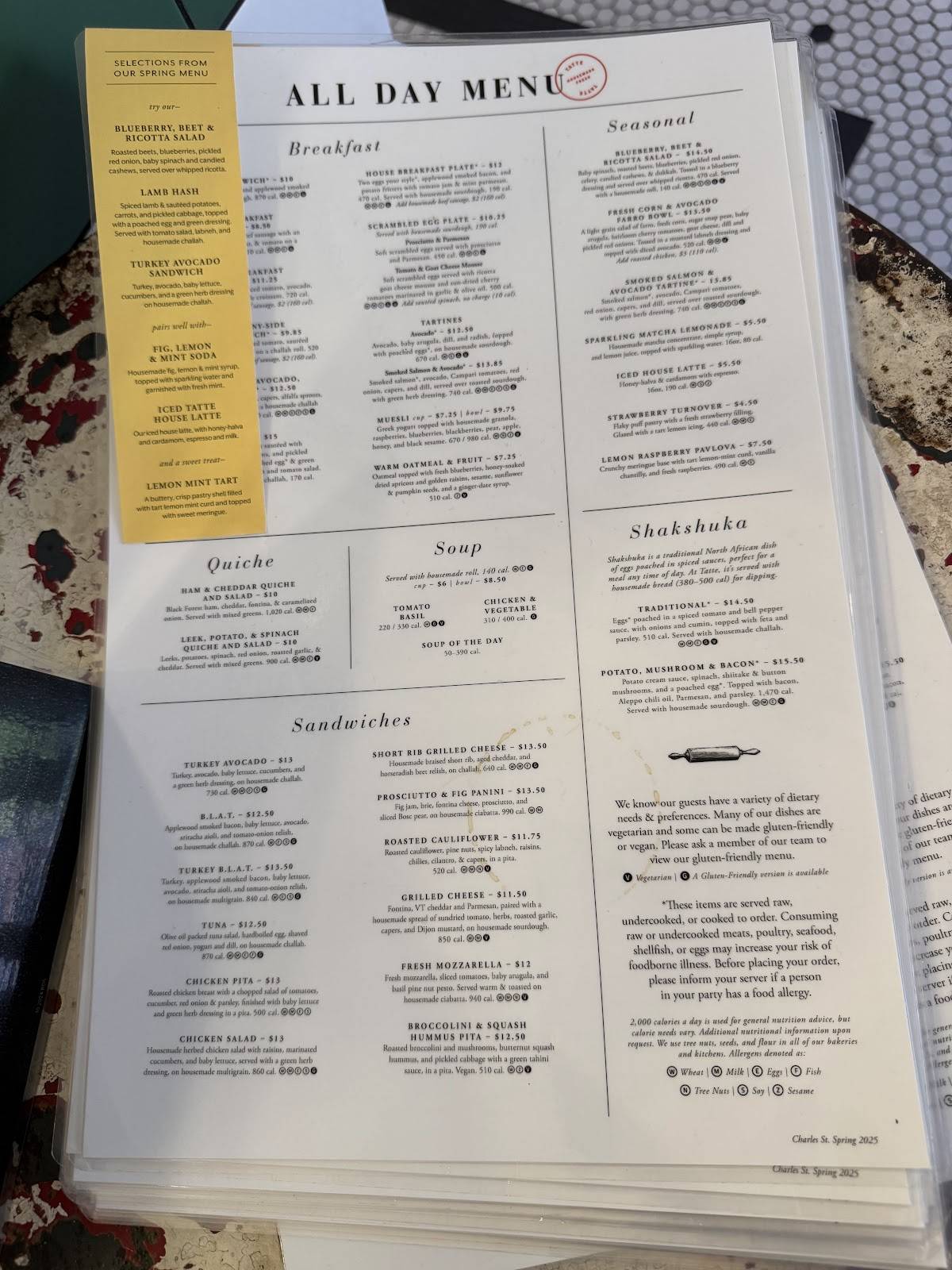 Menu at Tatte Bakery & Cafe Charles St, Boston, 70 Charles St