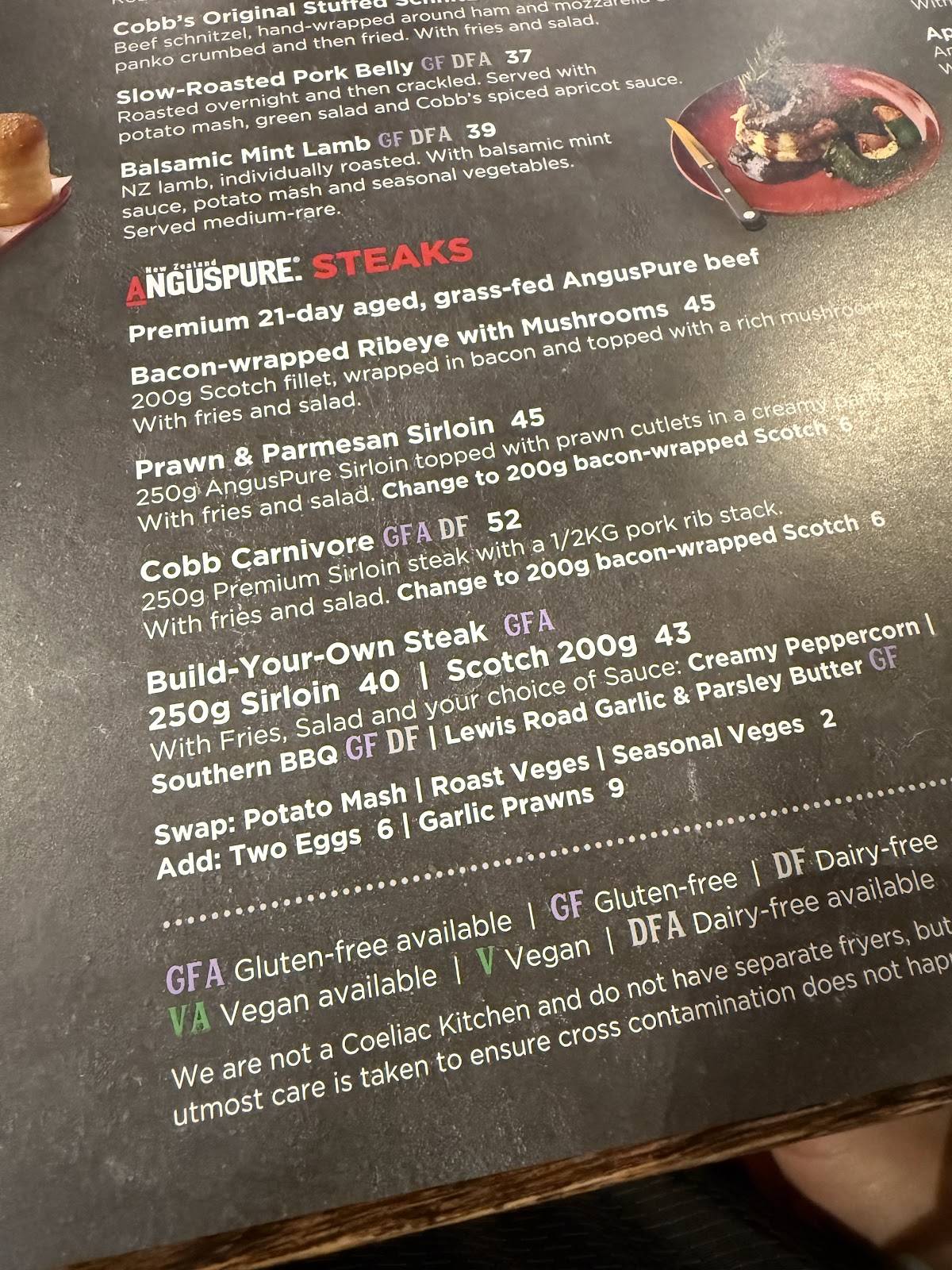 Menu at Cobb & Co. Taupo steakhouse, Taupo