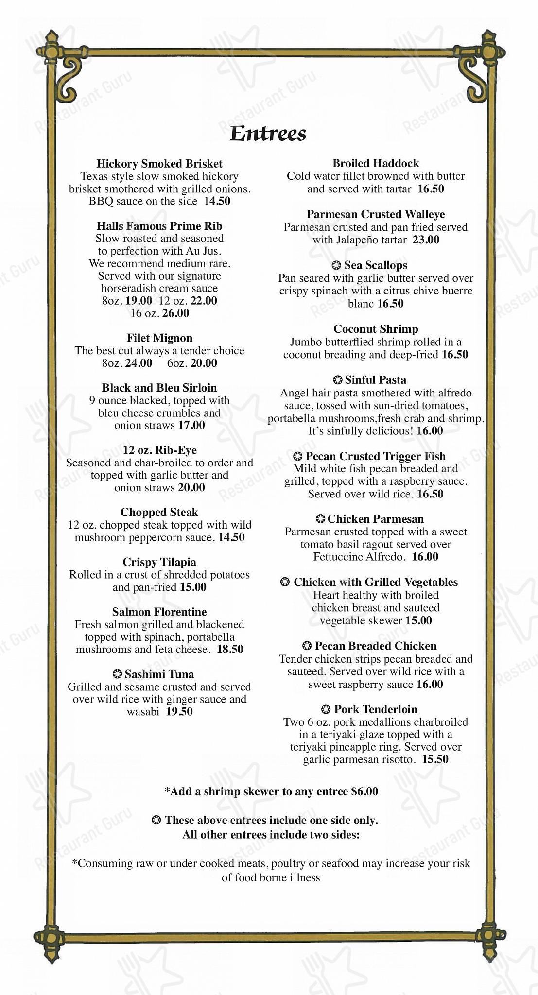 Menu at Hall's Tavern at Coventry desserts, Fort Wayne