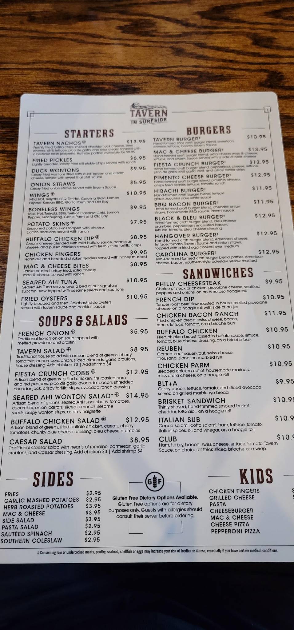 Menu at Tavern In Surfside pub & bar, Myrtle Beach