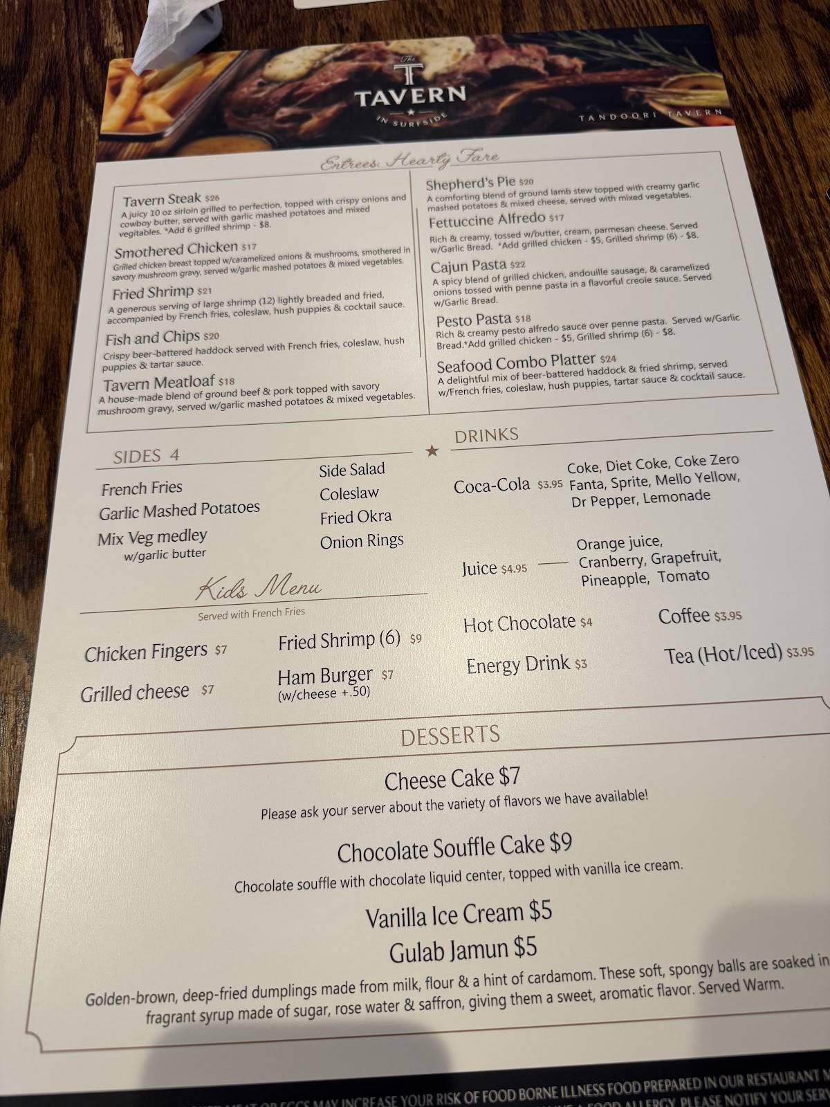 Menu at Tavern In Surfside pub & bar, Myrtle Beach