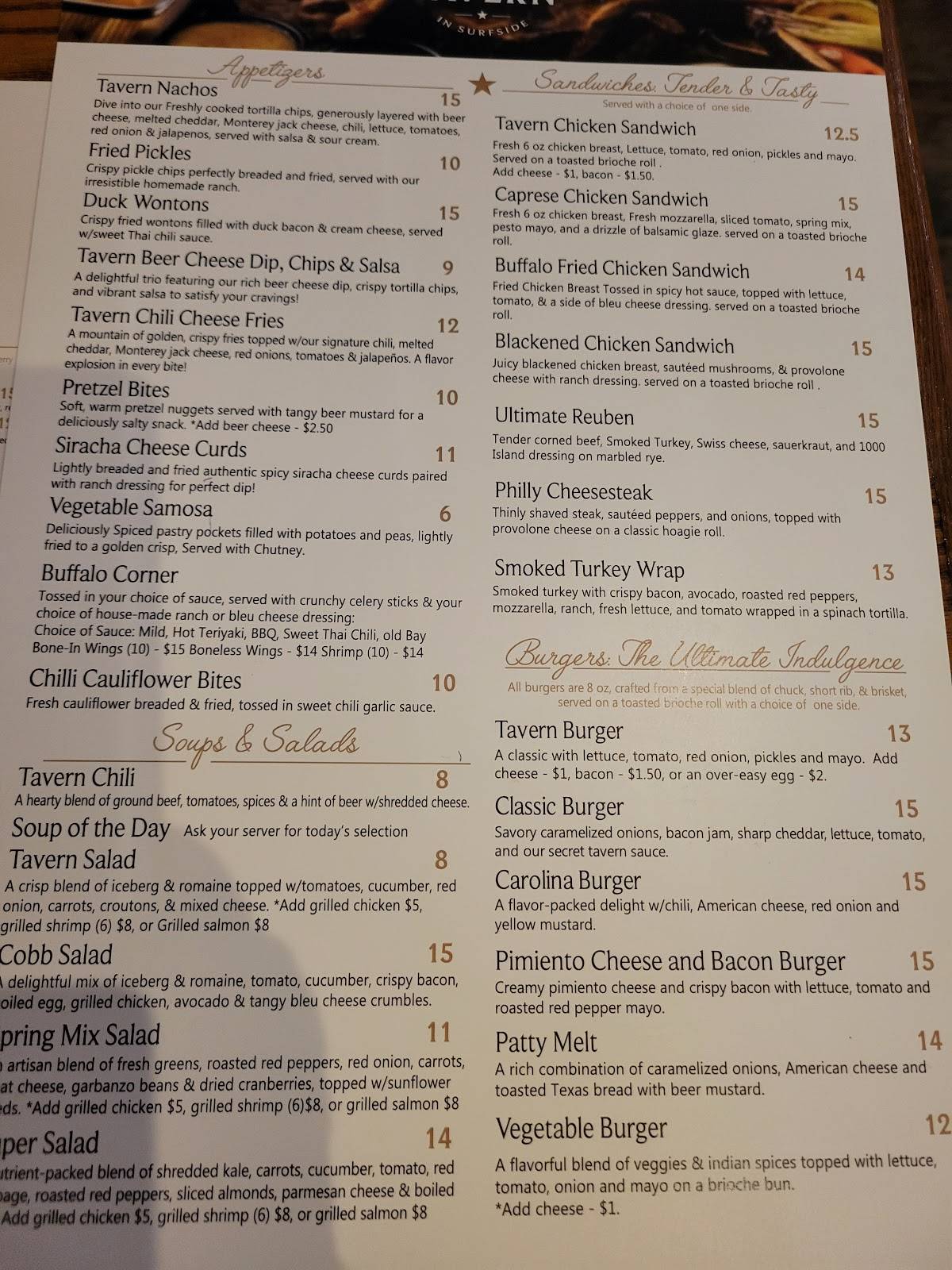 Menu at Tavern In Surfside pub & bar, Myrtle Beach