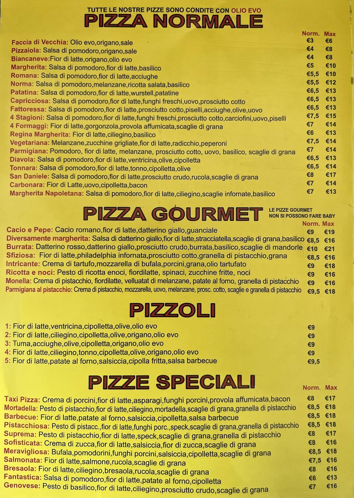 Menu da Taxi Pizza ristorante, Aci Sant'Antonio