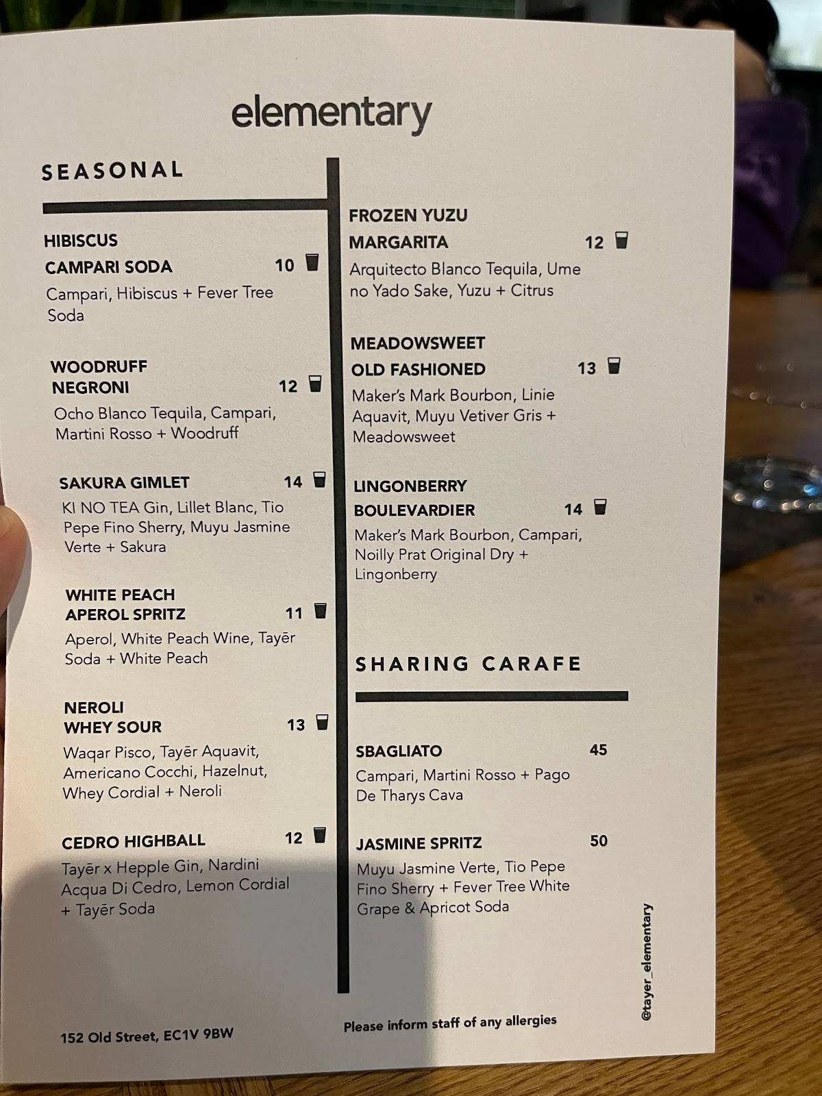 Menu at Tayēr + Elementary pub & bar, London